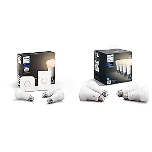 Philips Hue Smart Button Bundle – (7-A19 White 2700K Dimmable Bulbs, Hue Hub, Smart Button), Compatible with Alexa & Google Assistant