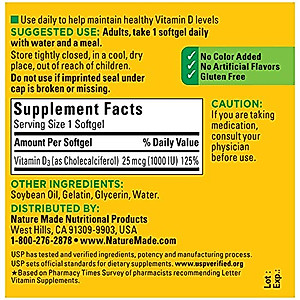 Vitamin D3, 100 Softgels, Vitamin D 1000 IU (25 mcg) Helps Support Immune Health, Strong Bones and Teeth, & Muscle Function, 125% of the Daily Value for Vitamin D in Only One Daily Softgel