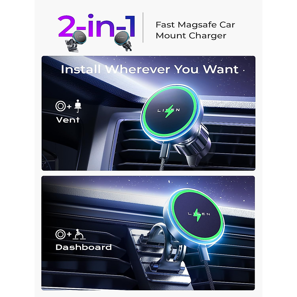 LISEN for 15W MagSafe Car Mount Charger,Universal iPhone Magnetic Wireless Car Charger,MagSafe Charging Mount Wireless for iPhone 16 Pro Max Accessories Fits iPhone 16 15 14 13 12,Matte Sliver