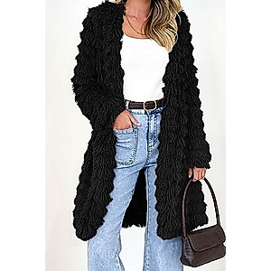 PRETTYGARDEN Women's Winter Faux Fur Jackets Fall Fashion Open Front Long Shaggy Coat Outerwear (Black,Medium)