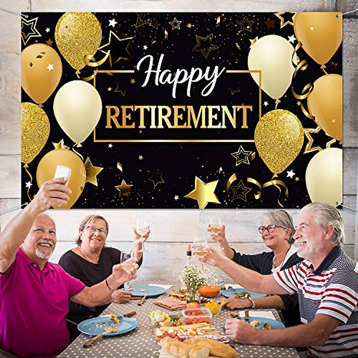 Happy Retirement Party Decorations, Extra Large Fabric Black and Gold Happy Retirement Sign Banner Photo Booth Backdrop Background with Rope for Retirement Party Favor, 70.8 x 43.3 Inch