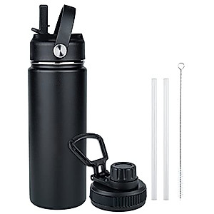 Kerilyn 18 oz Insulated Water Bottle With Straw, Stainless Steel, Vacuum Double Walled Leak Proof Sports Water Cups Flask with 2 Lids (Straw, Spout), Sweat-Proof BPA-Free, Black