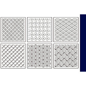 Sashiko Fabric - Pre-Printed Panel - 6 Block Traditional Design Sampler - Indigo Kona Cotton