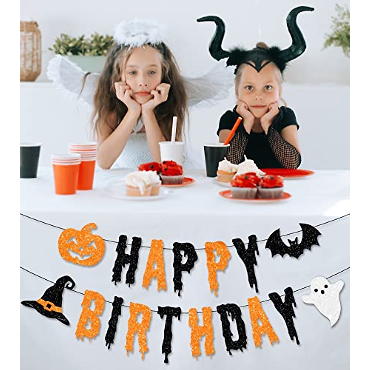 PTFNY Glittery Halloween Happy Birthday Banner Black Orange Halloween Birthday Bunting Banner Halloween Circle Dots Garland Halloween Themed Birthday Party Decorations for Wall Fireplace Party Decor
