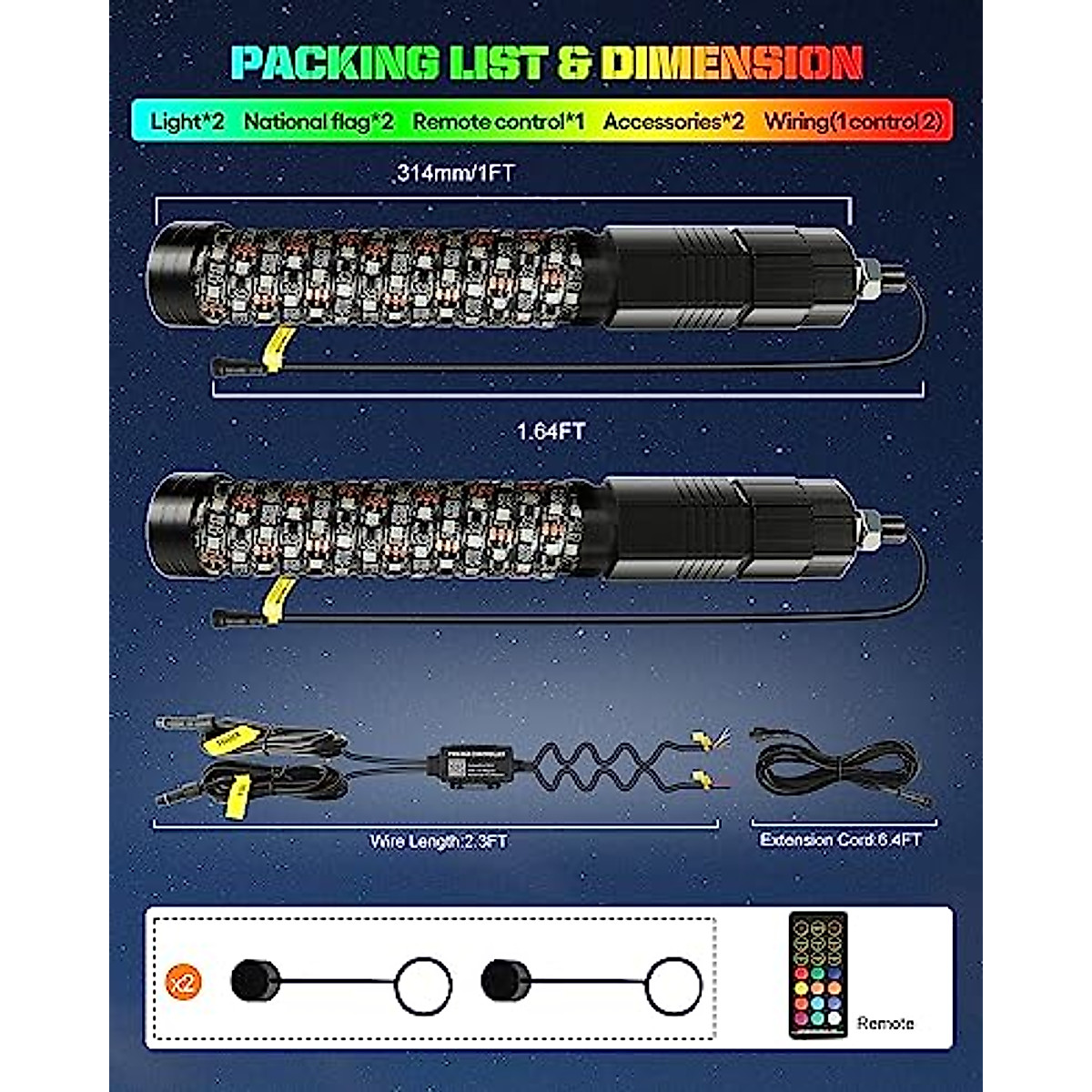 CO LIGHT Fat Spiral LED Whip Lights Thick Antenna 1FT Remote Control RGB Chasing/Dancing Light for UTV ATV 2PCS, APP-Supported 300 Colors & 200 Modes with Turn Signal, Brake Light, Reversing Light