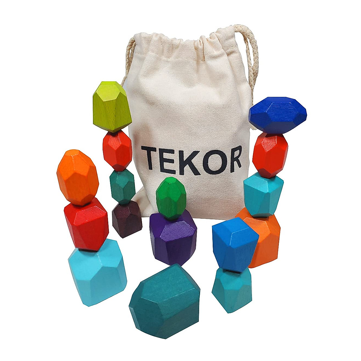 TEKOR 16 Pcs Wooden Stacking Rocks, Rainbow Balancing Stones, Natural Wooden Building Blocks, Educational Preschool Learning Lightweight Montessori Toys for Toddlers Boys Girls