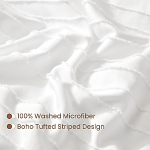 BESTSWEETIE White Duvet Cover Queen Size – Striped Tufted Queen Duvet Cover Set with Zipper Closure, 3pcs Soft Microfiber Boho Duvet Cover Set for All Seasons (Queen, 90”x90”)