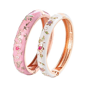 UJOY Colors Handcraft Jewelry Cloisonne Bracelet Enamel Bird Spring Hinged Womens Bangles Gifts Box 55C49-55A82 pink white