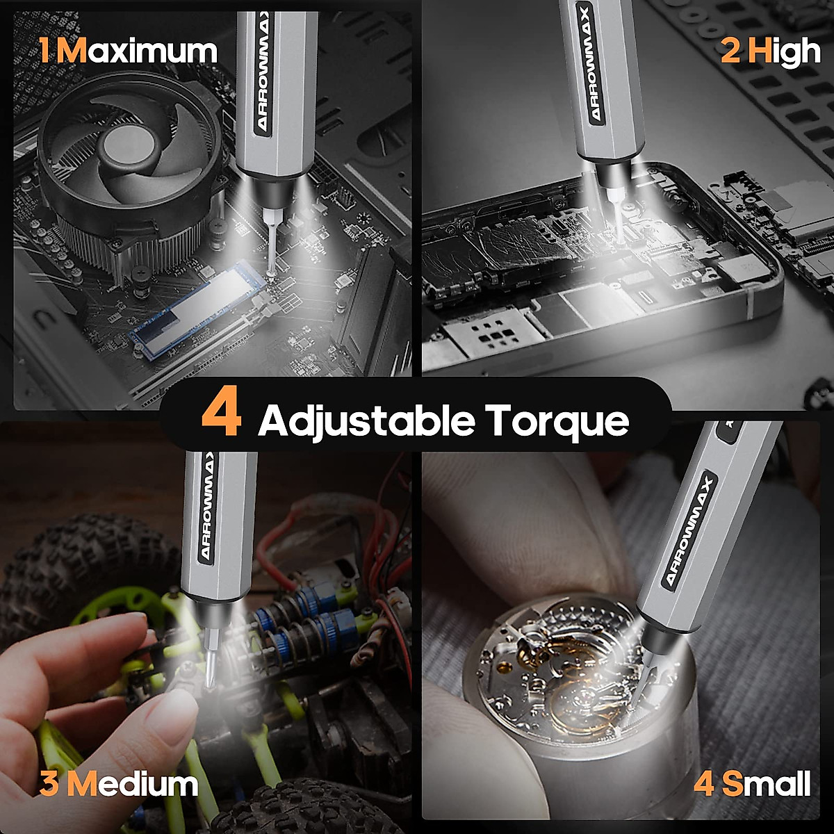 AM ARROWMAX Electric Screwdriver, 102 in 1 Precision Screwdriver w/ 96 Magnetic Bits, 4 Torque Modes, Red Dot, IF Winning Design, Rechargeable Cordless Screwdriver for Phone, Laptop (SES PLUS) Grey