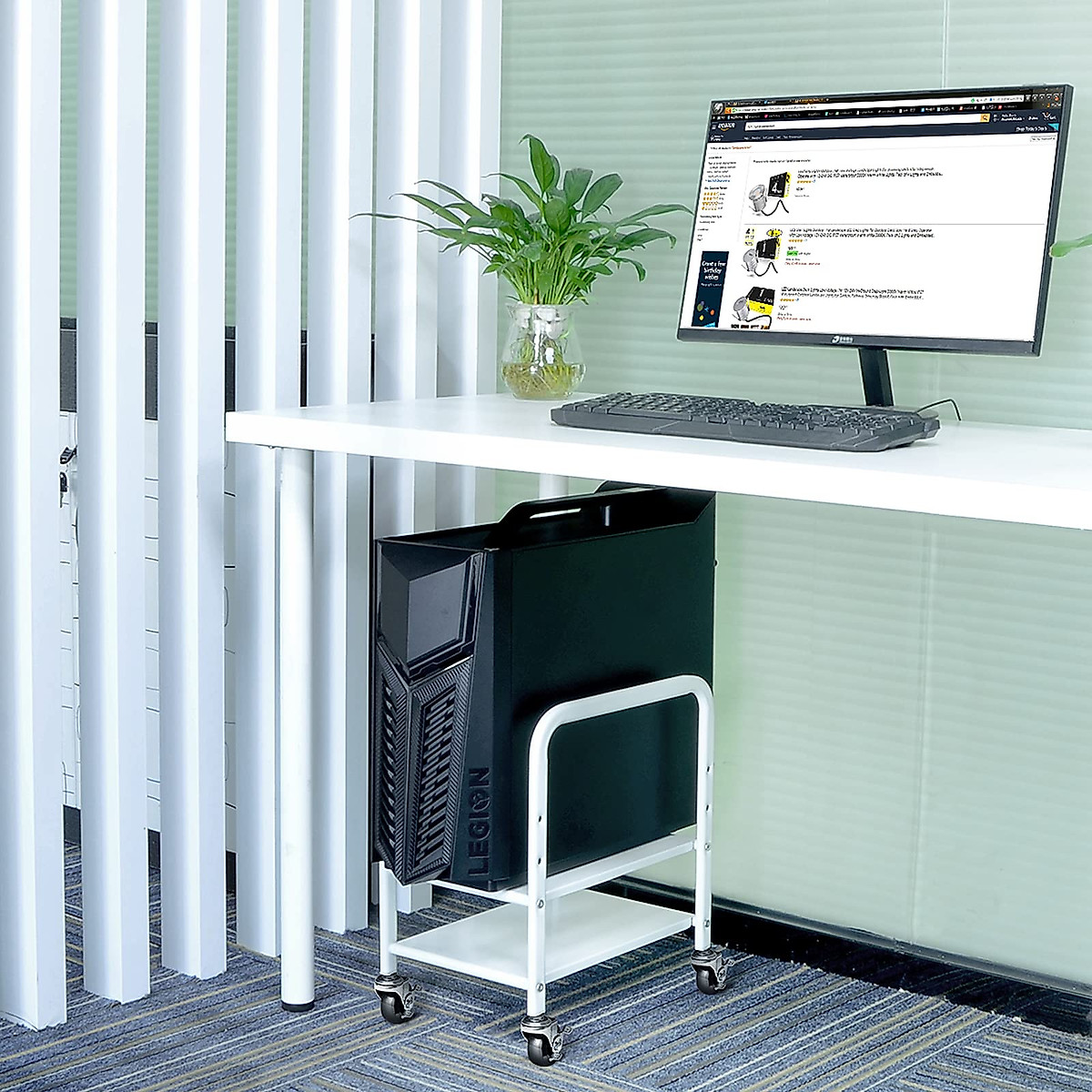 360Tronics Computer Tower Stand White, 2-Tier Height Adjustable Desktop PC Stand for Carpet, Mobile Tower Cart Under Desk, Full Metal Rolling CPU Holder with 360° Locking Wheels for Office Home