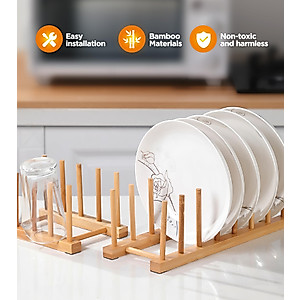 RISHTEN Bamboo Dish Drying Rack, 2 Pack Wooden Storage Holder Organizer for Plate/Bowl/Cup/Book/Pot/Lid/Cutting Board Drying Rack Stand Holder
