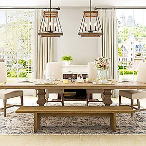 LALUZ Farmhouse Chandelier, Rustic Square 4 Light Fixture with Faux Wood Finish for Foyer, Dining & Living Room, Bedroom and Kitchen Island
