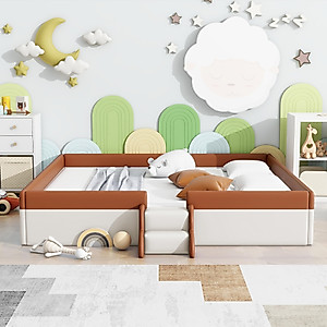 HoRunzelin King Size Soft Floor Bed with Stairs, PU Leather Upholstered Grounded Daybed, Low Profile Montessori Bed with Slat Support for Kids Boys Girls Teens Adults,Brown+White