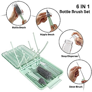 Bottle Brush Set -Baby Travel Essential-6 in 1 Bottle Cleaner Kit with Silicone Bottle Brush,Nipple Cleaner Brush,Straw Brush,Soap Dispenser,Storage Box,Bottle Drying Rack for Home and Travel(Green)