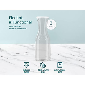 Large Glass Carafe Pitchers, By Kook, 50 oz Beverage Dispensers, Clear Jugs For Mimosas, Water, Wine, Milk and Juice, with Plastic Lids, Dishwasher Safe, of 3