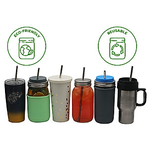 Long Safer Rounded End Stainless Steel Metal Straws for Large Cups, Tall Glasses, or Quart Mason Jars (4 Pack + Cleaning Brush + Bag)