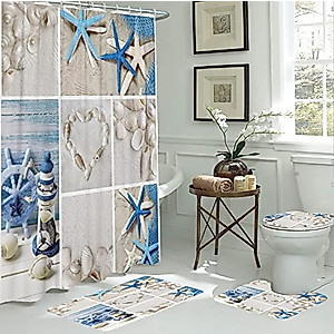 zokyer Starfish Shower Curtain Set Seashell Beach Coastal Conch Ocean Blue Bathroom Decor with Non-Slip Rugs Toilet Lid Cover U Shape Mat 12 Hooks Fabric Polyester (60Wx72L)