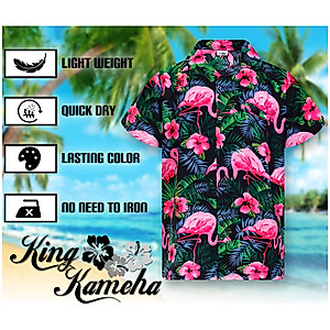 KING KAMEHA Funky Hawaiian Shirt, Shortsleeve, Flamingo Flowers, Black Pink, XXL