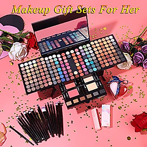 Makeup Gift Sets For Women - 190 Colors Makeup Palette Include Eyeshadow, Blushes, Eyebrow Powder, Eyeliner Pencil, Mirror + 20 Pcs Brushes + Eyeshadow Base Primer + 2Pcs Heart Shape Sponge Puff