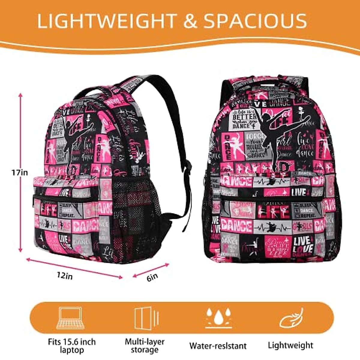 Dance Backpack for Girls, Elementary Middle High School Bookbags for Teen Kids, Travel Laptop Backpack for College Students Women Men Durable Lightweight School Bags, 17 Inch Large Back Packs