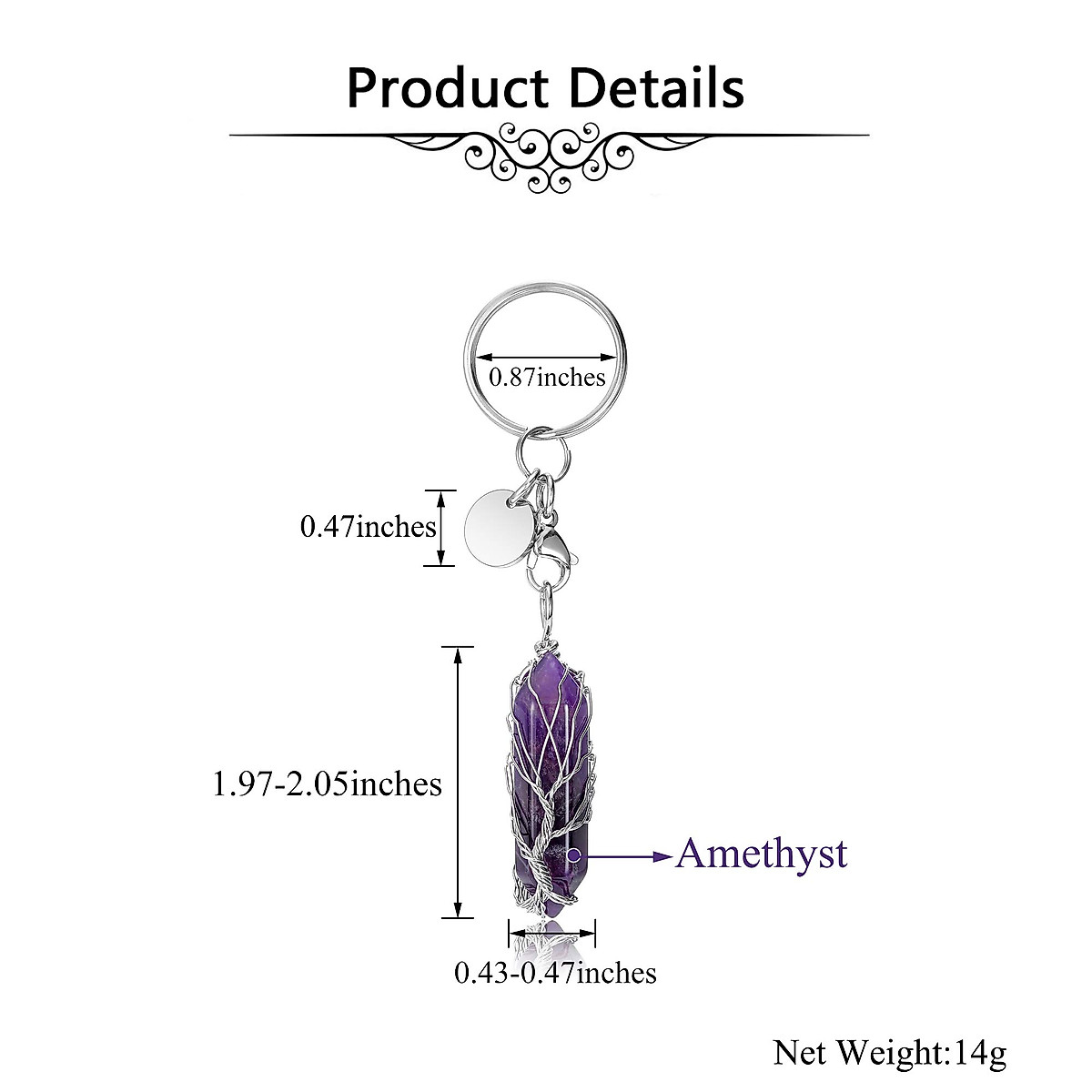 Amethyst Healing Crystal Tree Life Keychain Keyring for Women