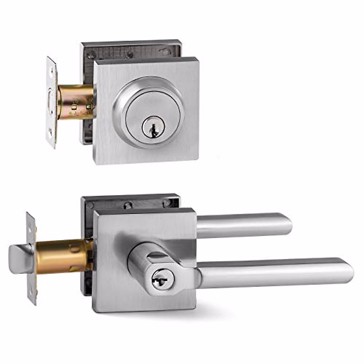 Berlin Modisch Entry Lever Door Handle and Single Cylinder Deadbolt Lock and Key Slim Square Locking Lever Handle Set [Front Door or Office] Right & Left Sided Doors Heavy Duty – Satin Nickel Finish