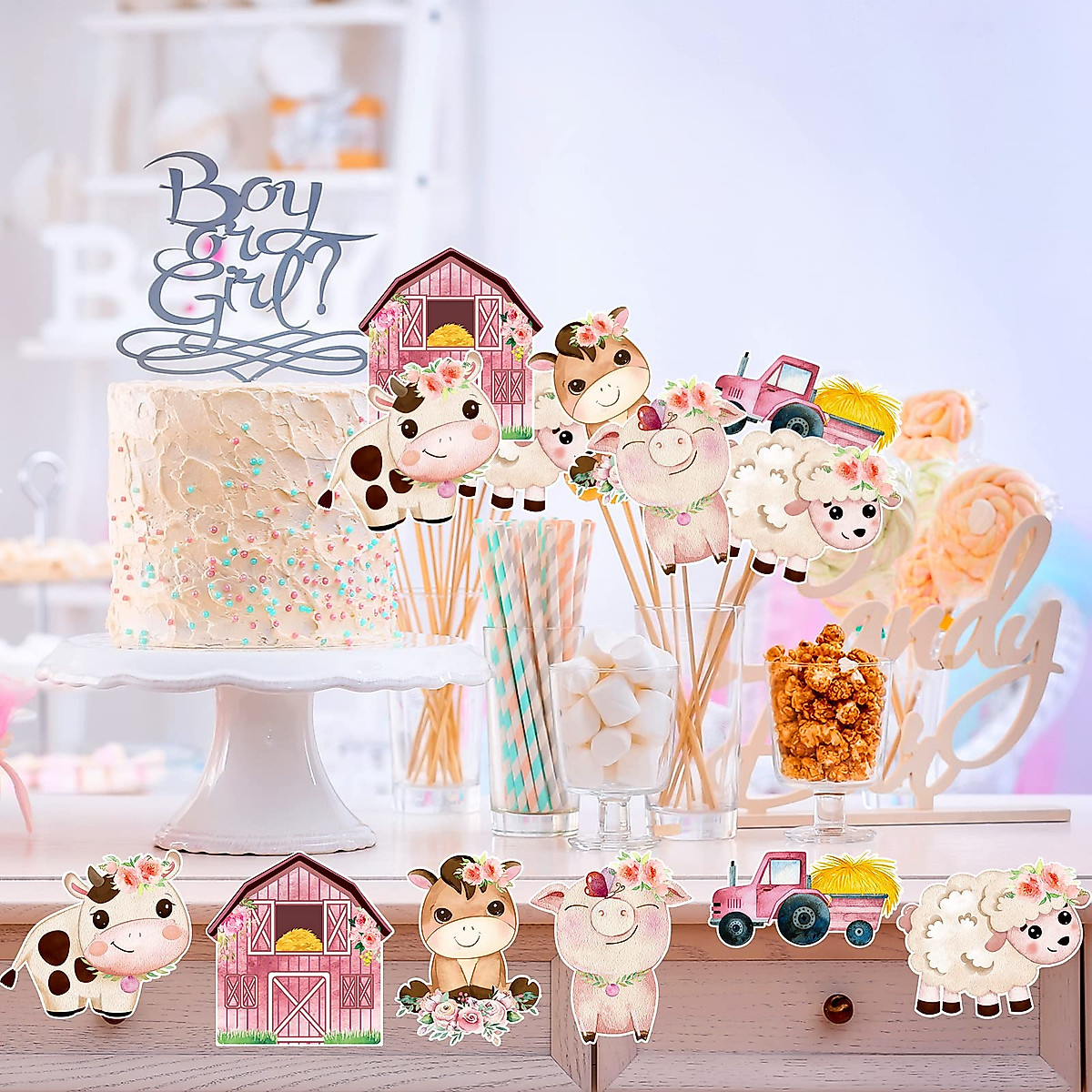 42 Pcs Floral Farm Animal Party Cutouts Girl Farm Animals Party Decorations Farm Animal Birthday Party Supplies with 60 Glue Point Dots for Girls Farm Animal Theme Baby Shower Birthday Party