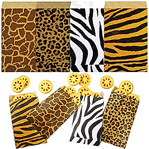 100 Pieces Jungle Animal Kraft Paper Bags Leopard Zebra Giraffe Print Paper bags Small flat plain Paper Treat Bags for Candy, Cookies, Merchandise, pens, Party Favors, 4 x 6 Inches