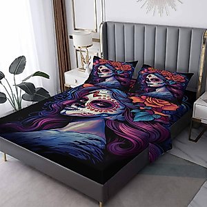 Day of The Dead Sheets Full Size, Skeleton Bed Sheets, Patterned Bedding Sheets & Pillowcases 4 Piece Set - Soft Microfiber Deep Pocket Fitted Sheet & Flat Sheet & 2 Pillow Cases Z2-&-220