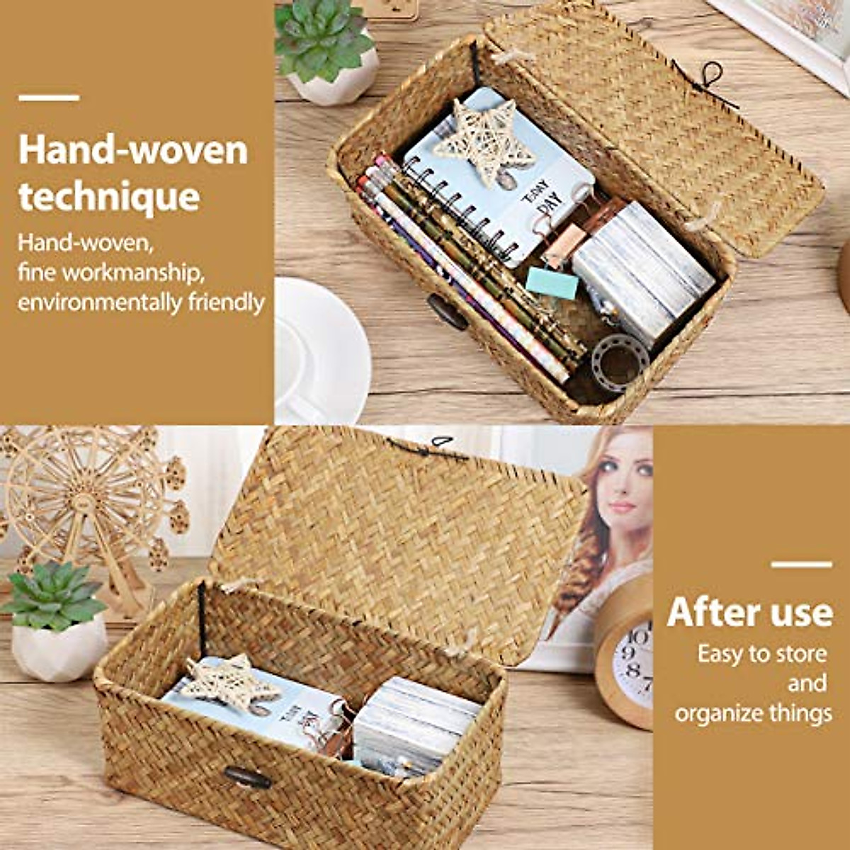 DECHOUS Storage Basket 1pc Small Basket with Lid Woven Baskets Decorative Baskets Wicker Basket with Lid Decorative Storage Boxes Straw Container for Home Office Shelf Organizer Shelf Bracket