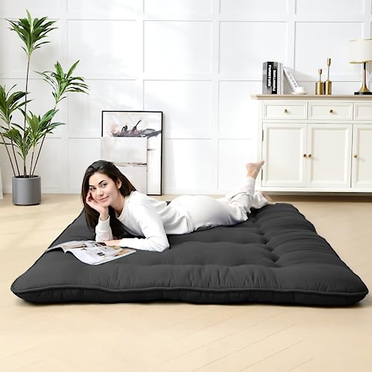 Natsukage Futon Mattress Tatami Mat Folding Mattress Camping Mattress Kids Play Mat Thicken Sleeping Mattress for Floor Folding Mattress, Full Size, Black