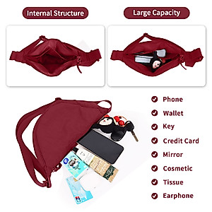 Nylon Crescent Crossbody Bag for Women Purses Trendy Men,Small Travel Sling Bag Hobo,Lightweight Fanny Pack with Zipper Adjustable Strap,Round Soft Shoulder Pouch Bag for Everyday Use Sport(Wine Red)