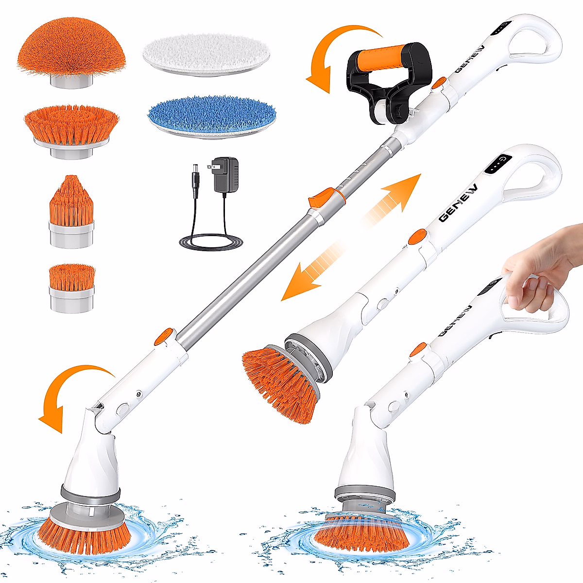 Genew Electric Spin Scrubber: Cordless Cleaning Brush with 6 Replaceable Head & Adjustable Extension Handle Power Shower Scrubber for Bathroom Floor Tile Tub - Add Adjustable Grip (White)