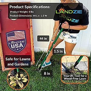 Landzie Weeder - 44 Inch Long Steel Stand Up Manual Weed Remover Tool for Lawn and Garden - Easily Weed Grass Without Bending or Kneeling - 4 Serrated Heavy Duty Claws with Lever for Easy Removal