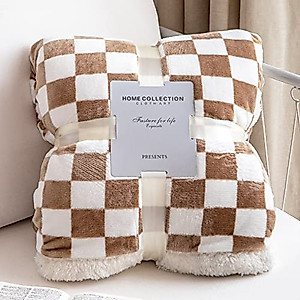LOMAO Sherpa Throw Blanket Fleece Blanket with Checkered Pattern Soft Thick Blanket for Couch, Bed, Sofa Luxurious Warm and Cozy for All Seasons (Khaki, 51"x63")