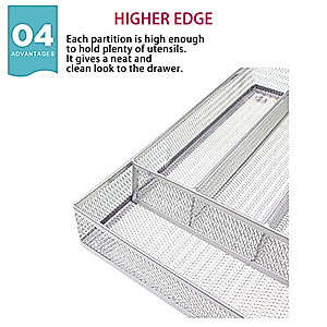 LUOOV 5 Compartment Mesh Small Cutlery Tray with Foam Feet - Kitchen Organization/Silverware Storage Kitchen Utensil Flatware Tray (Silver)