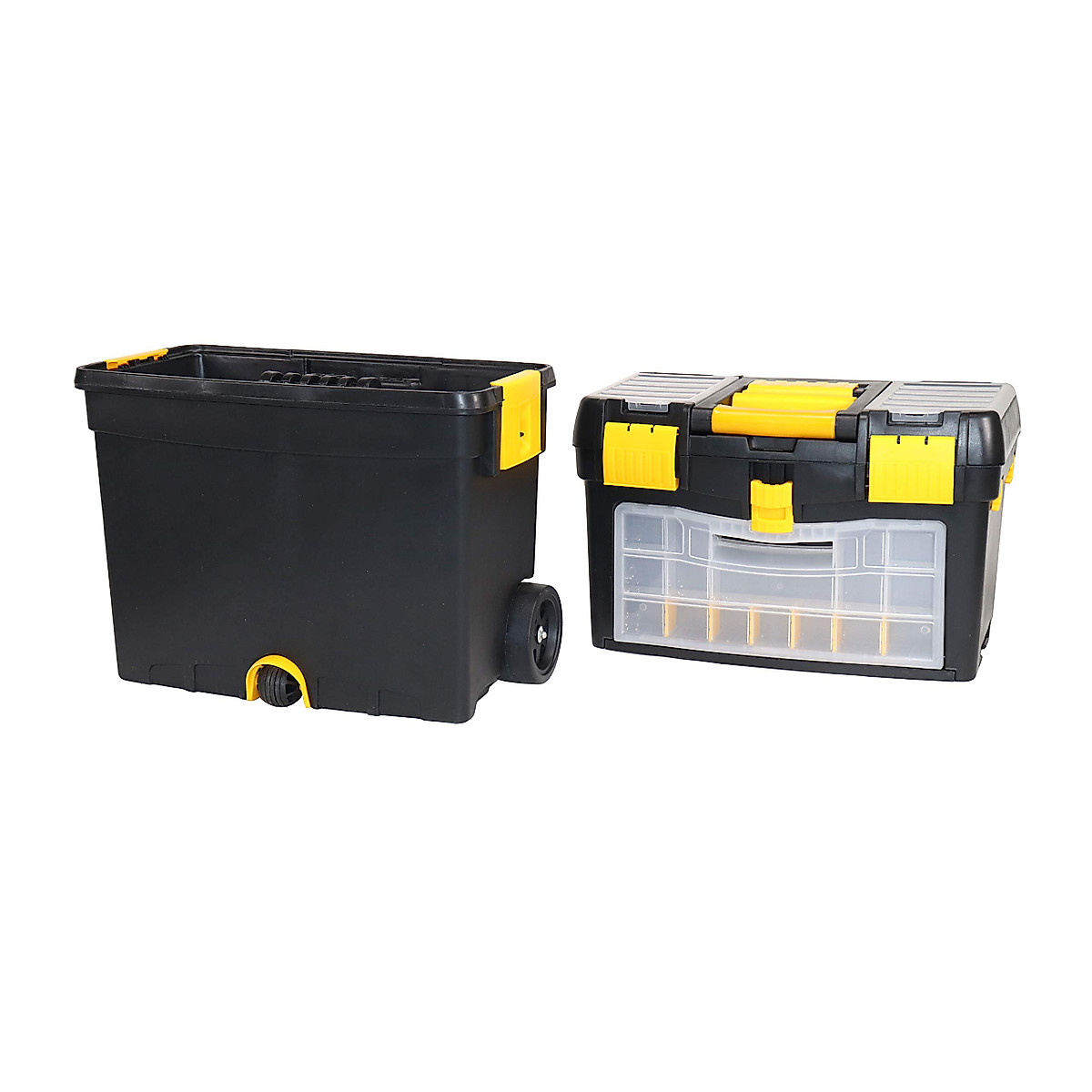 Erie Tools Portable Rolling 2-Tiered Organizer Storage Box with Foldable Auto-Locking Handle and Detachable Storage Compartment for Crafts Toys Fishing Tools