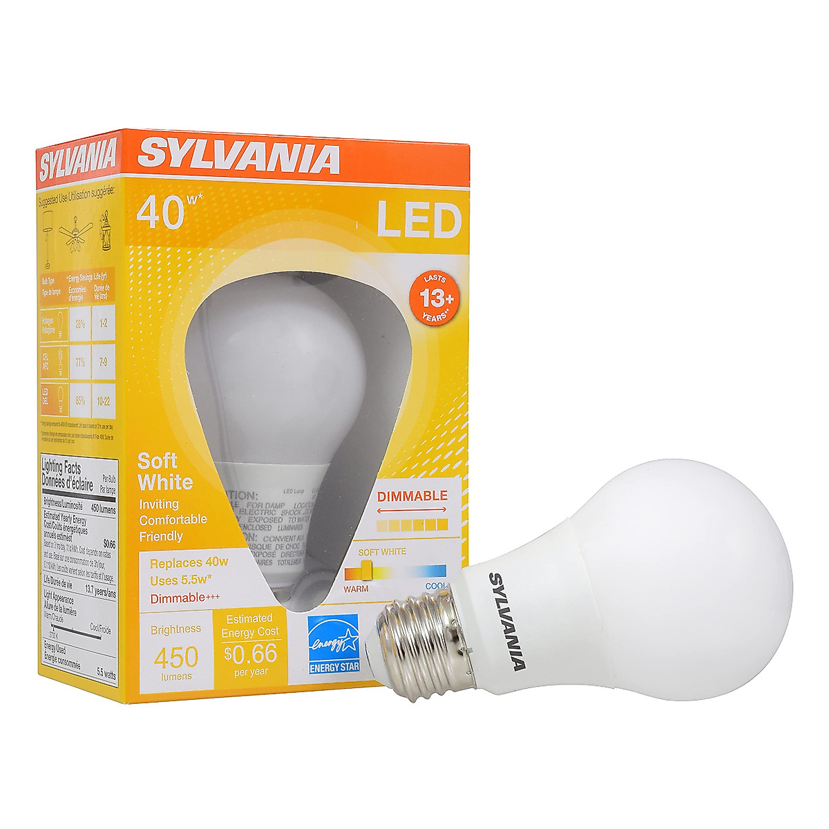 SYLVANIA A19 LED Light Bulb, 5.5W, 40W Equivalent, 13 Year, Dimmable, 450 Lumens. 2700K, Soft White - 1 Pack (74688)