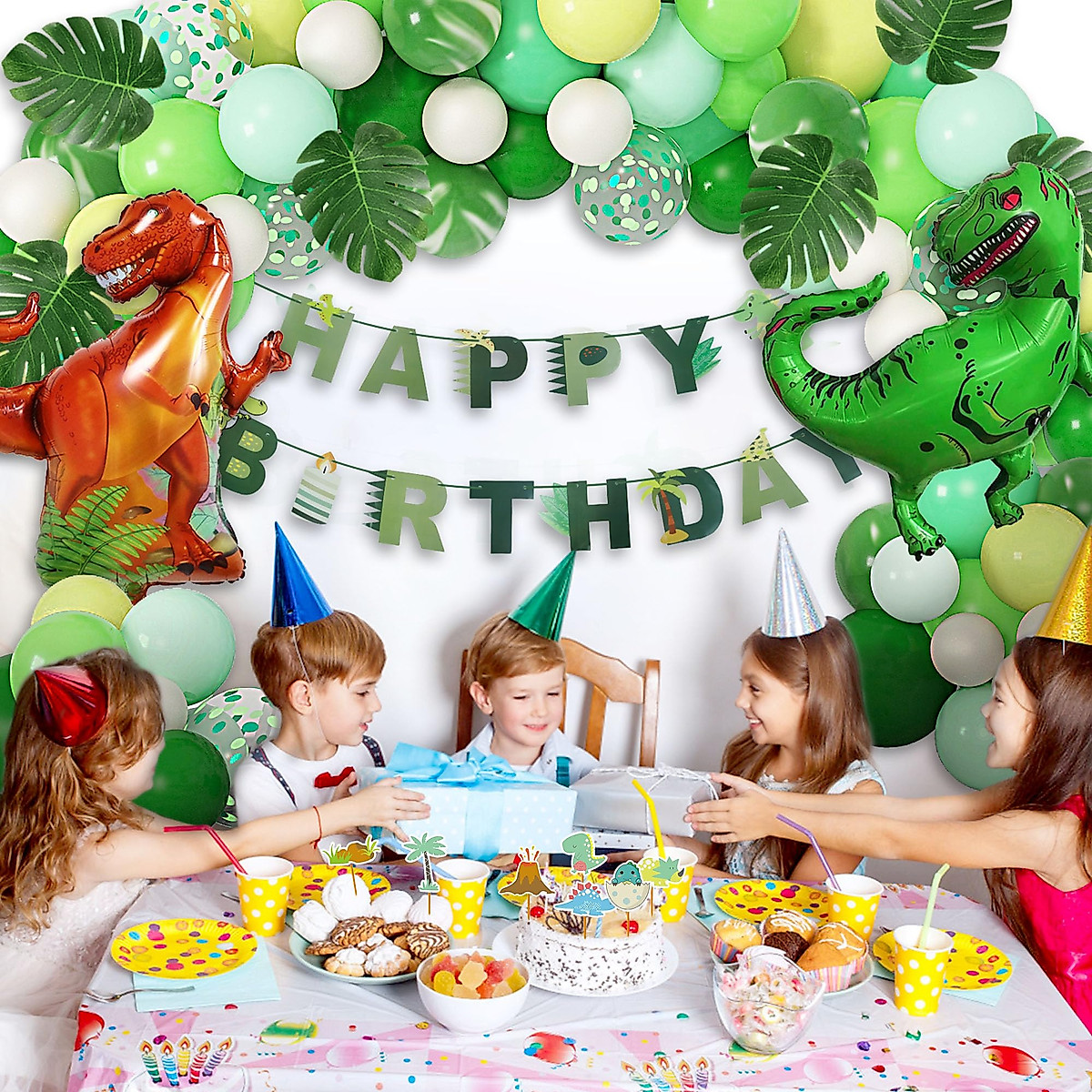 Dinosaur Birthday Party Decorations Supplies, Dinosaur Balloons Arch Garland Kit 40" Foil Dino Balloons Happy Birthday Banners Cake Topper for Jungle Dinosaur Birthday Baby Shower Party for Boys Kids