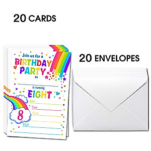 ukebobo Rainbow Happy Birthday Party Invitations for Child’s 8th Birthday Party – Colorful Invitation with Envelopes for Kids 8th Birthday Party – 20 Cards With Envelopes