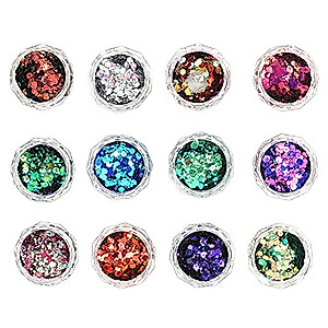 Nail Art Glitter Sequins, Holographic Nail Art Sequins Glitter Kits, Iridescent Flakes Mixed Color Nail Glitter Decorations, 12 Boxes/Set