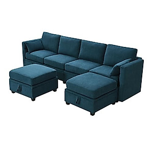 109" Chenille Modular Sectional Sofa Set, U-Shaped Sofa Couch with Adjustable Armrests and Backrests, 6 Seat Reversible Sofa Bed with Storage Seats for Living Room/Apartment, Blue
