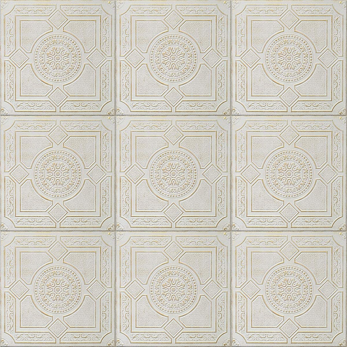 R30 White Satin Washed Gold 20x20 Amazing Styrofoam Tin Look Ceiling Tiles Easy to Glue Up On Any Type of Surface