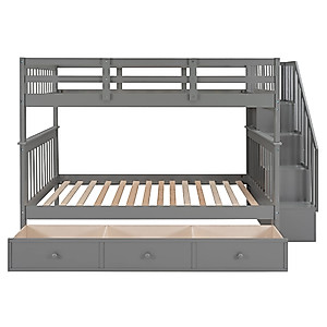 Harper & Bright Designs Full Over Full Bunk Bed with Storage, Solid Wood Full Bunk Bed Frame with Stairs and Drawers, for Kids Teens Adults (Gray)