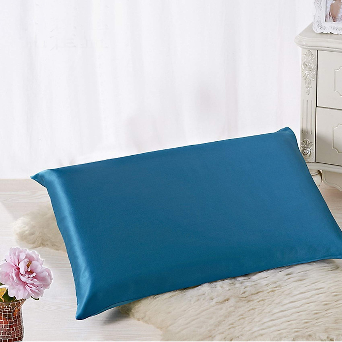 Hodeco Nature Silk Pillowcase 14x20 Double Sides 100% Mulberry Silk 19 Momme Thick Silk Pillow Cover for Bed Pillow Sham Cover Toddler Size 36x51cm Silk Pillowcase, Peacock Blue 1 Piece