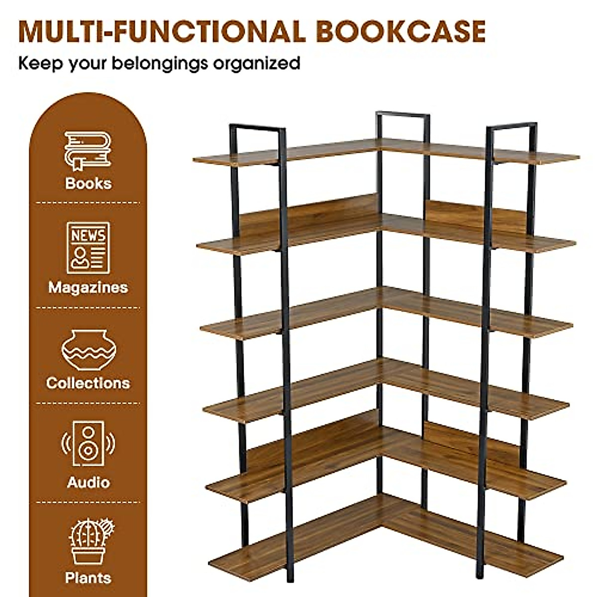 IMGDD 74.8 Inch Bookshelf L-Shape MDF Boards Stainless Steel Frame Corner 6-Tier Shelves Adjustable Foot Pads (Brown)