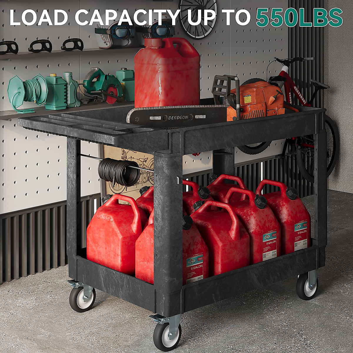 YITAHOME Utility Cart on Wheels, 550 lbs Capacity, 45 x 25 Inch Rolling Work Carts with Wheels, 2 Shelf Heavy Duty Plastic Service Cart Suitable for Warehouse, Garage, School & Office, Cleaning, Black