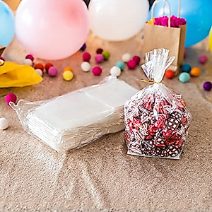 Clear Candy Bags 50 Pcs 4x4x9 Flat Bottom Cello/Cellophane Treat Bags for Bakery, Cookies, Goodie Bags with Color Twist Ties!