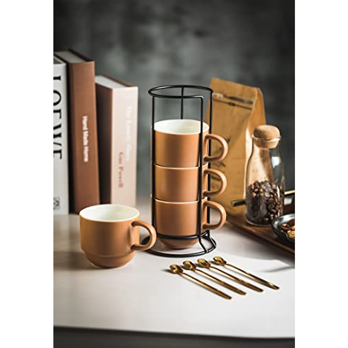 YHOSSEUN 11 Oz Coffee Mug Set Porcelain Stackable Mug with Stand and Metal Spoon - Tea Cups Demitasse Cups for Drinks, Espresso, Latte - Porcelain Stackable Coffee Mugs with Rack Set of 4, Brown