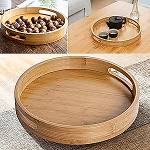 Round Wood Serving Tray with Handles - Natural Wooden Bamboo Ottoman Tray - Coffee Table Decor Food Storage Trays for Breakfast, Lunch, Dinner, Patio, Coffee Table, BBQ, Party